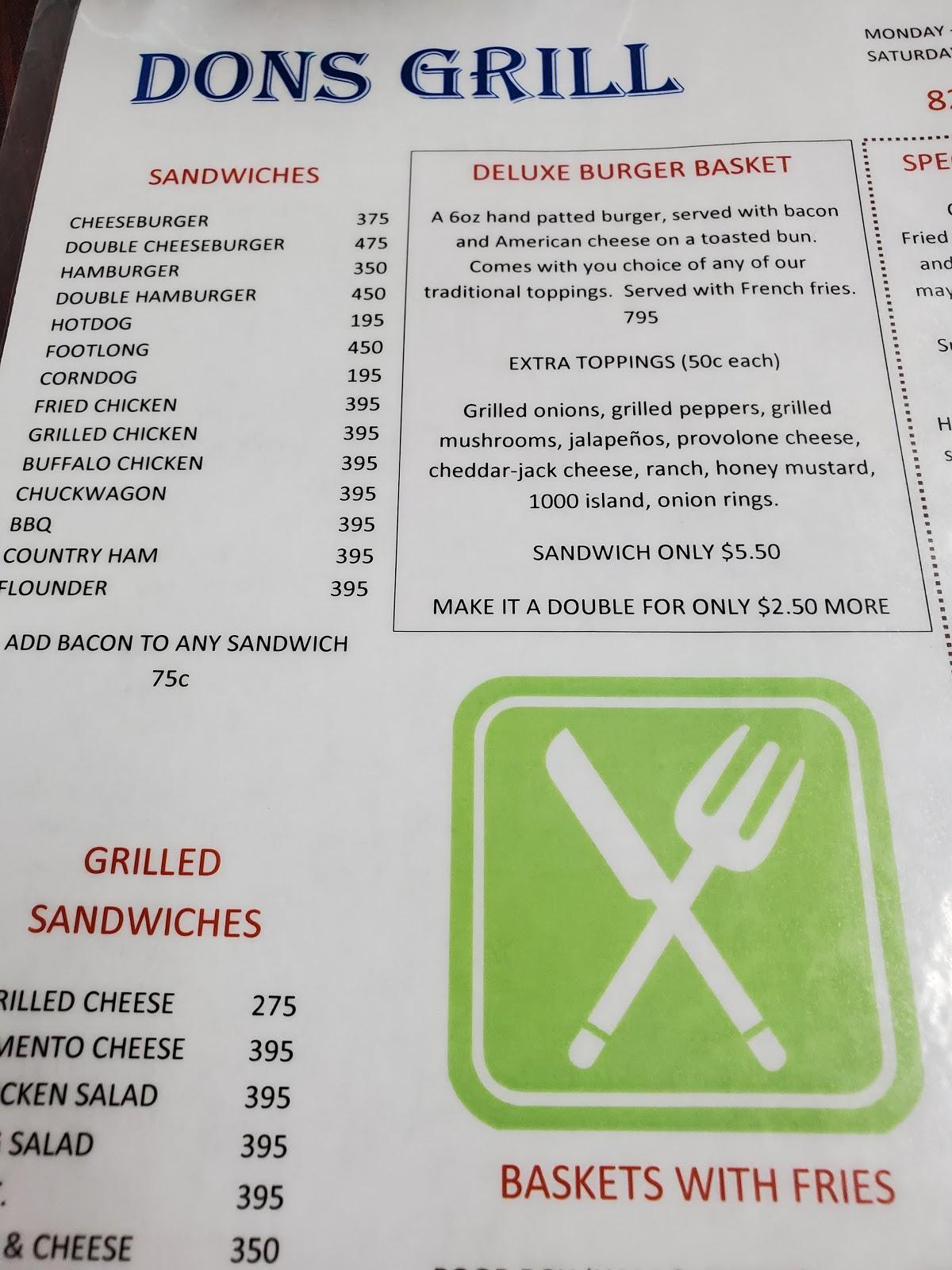 Menu at Don's Grill restaurant, Maiden