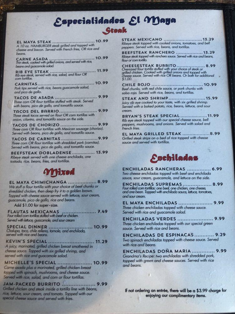 Menu at El Maya Mexican Cuisine restaurant, Alva, 832 Alva Street