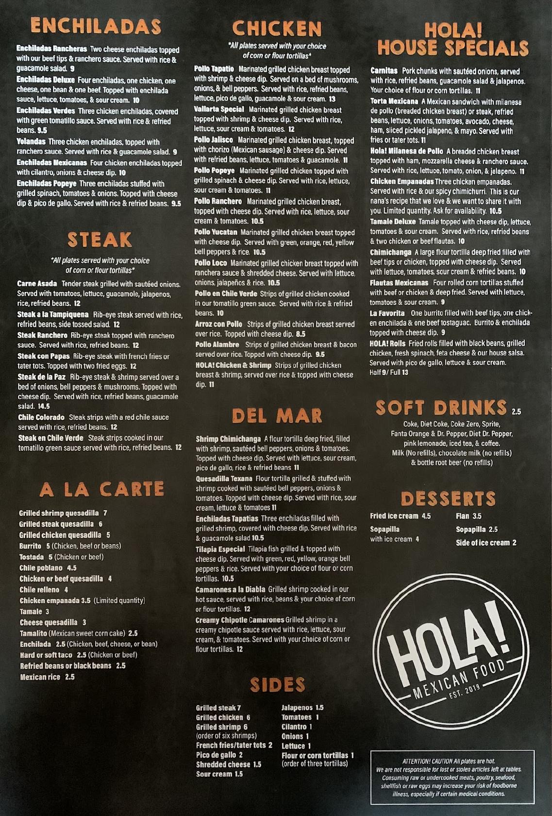 Menu at Hola! Mexican Food restaurant, Eureka