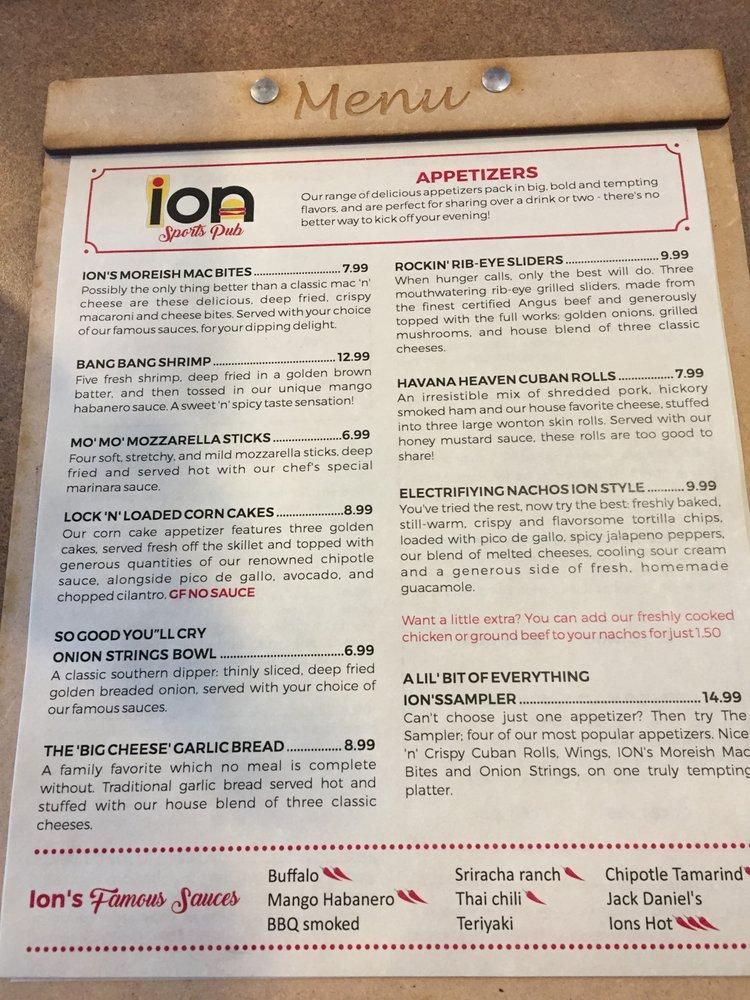 Menu at Ion Sports Pub, West Bend