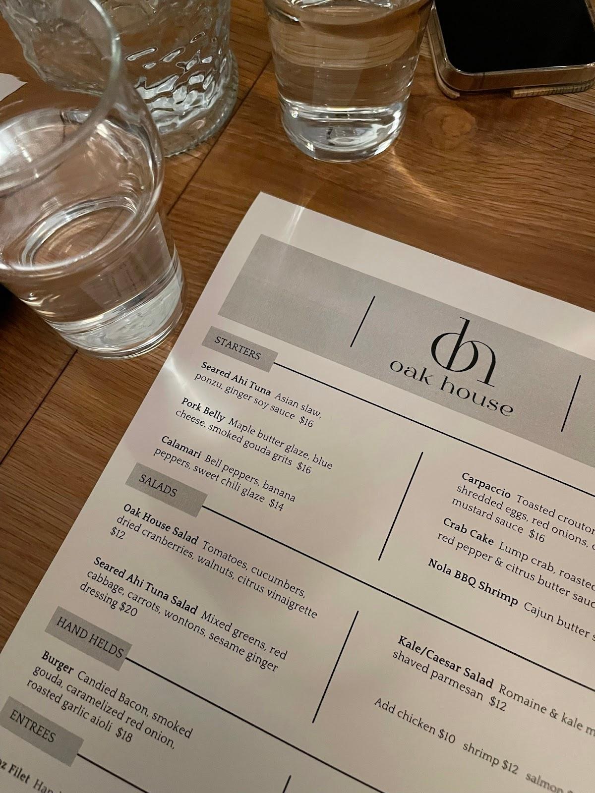 Menu at Oak House pub & bar, Birmingham