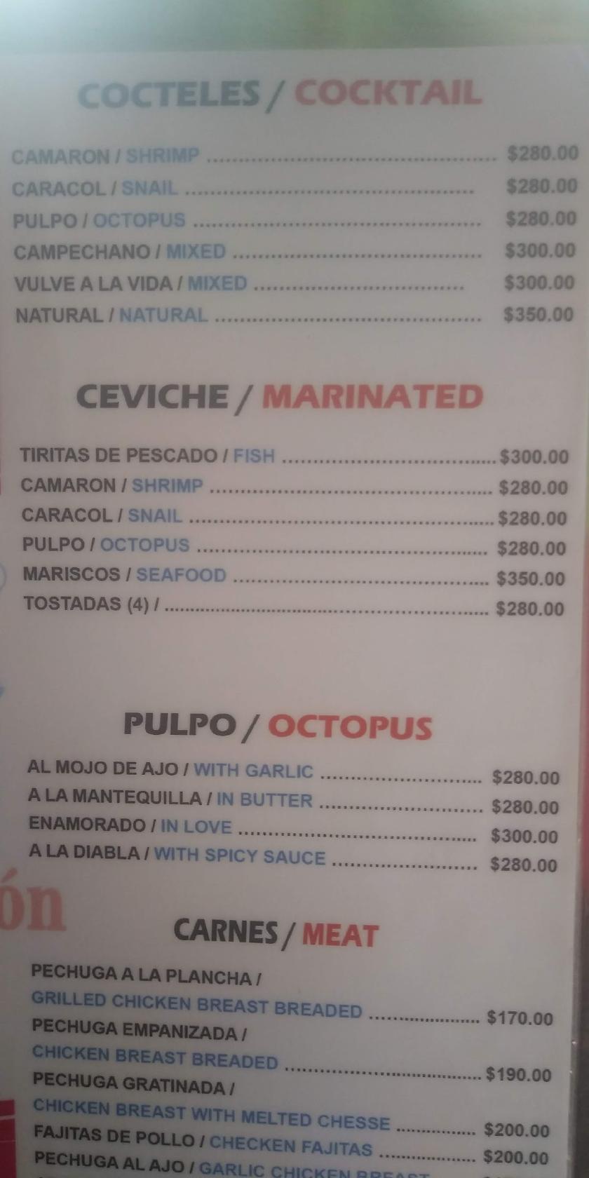 Menu at Restaurante Bar Don Ramón, La Crucecita