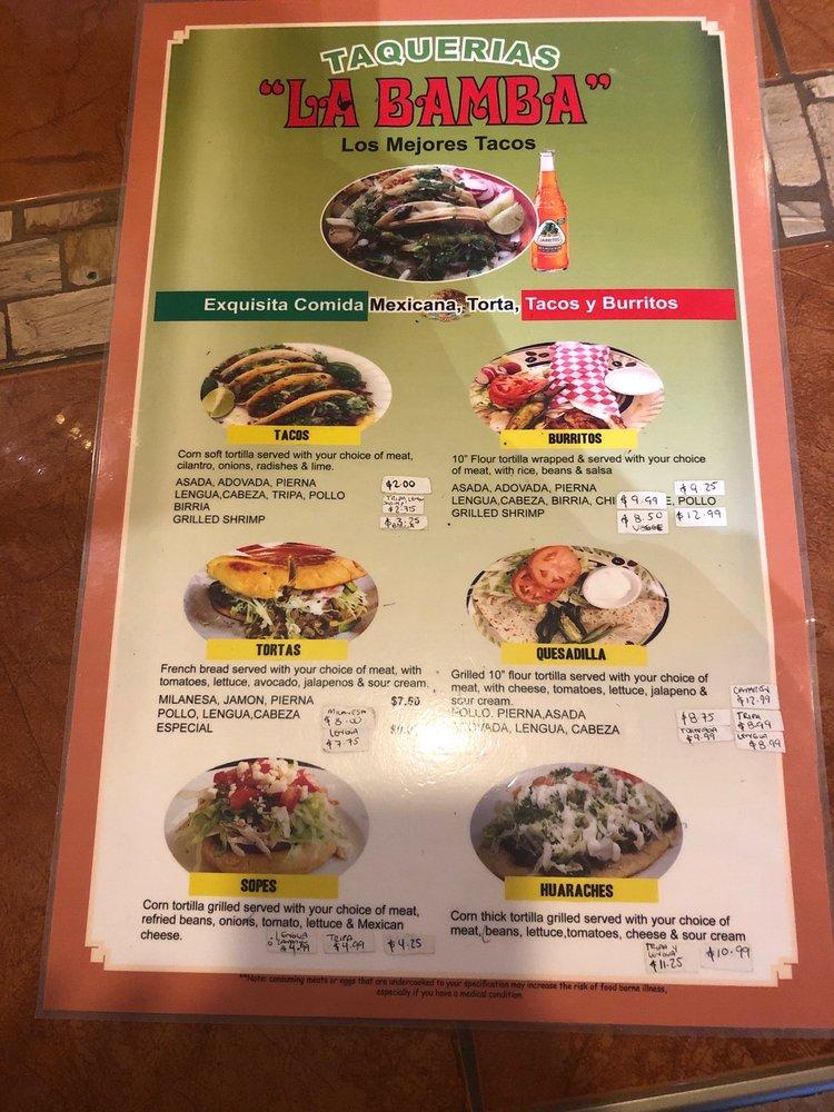 Menu at Taqueria La Bamba restaurant, Monroe, N Kelsey St