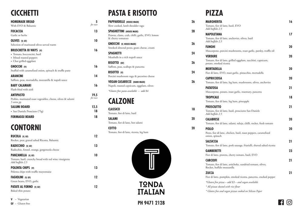 Menu at Tonda Italian restaurant, Preston