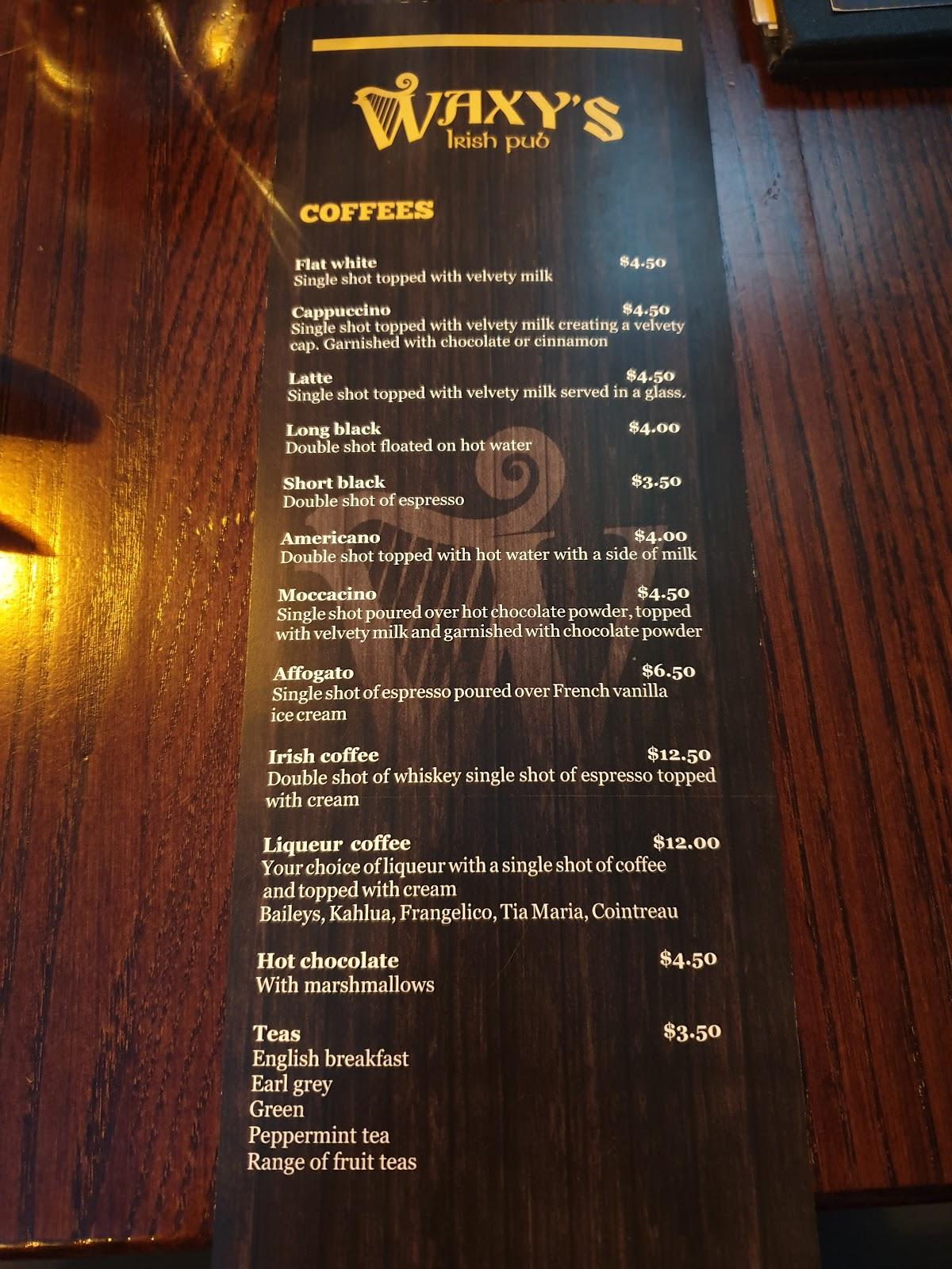 Menu at Waxy's Irish Pub, Invercargill