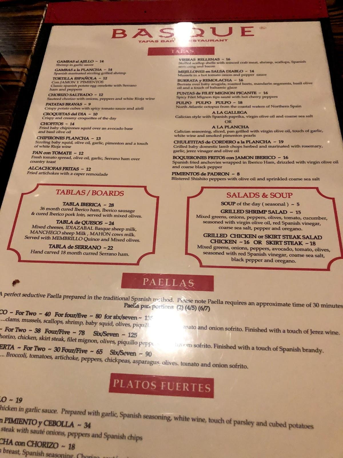Menu at Basque Tapas Bar Restaurant, Piermont
