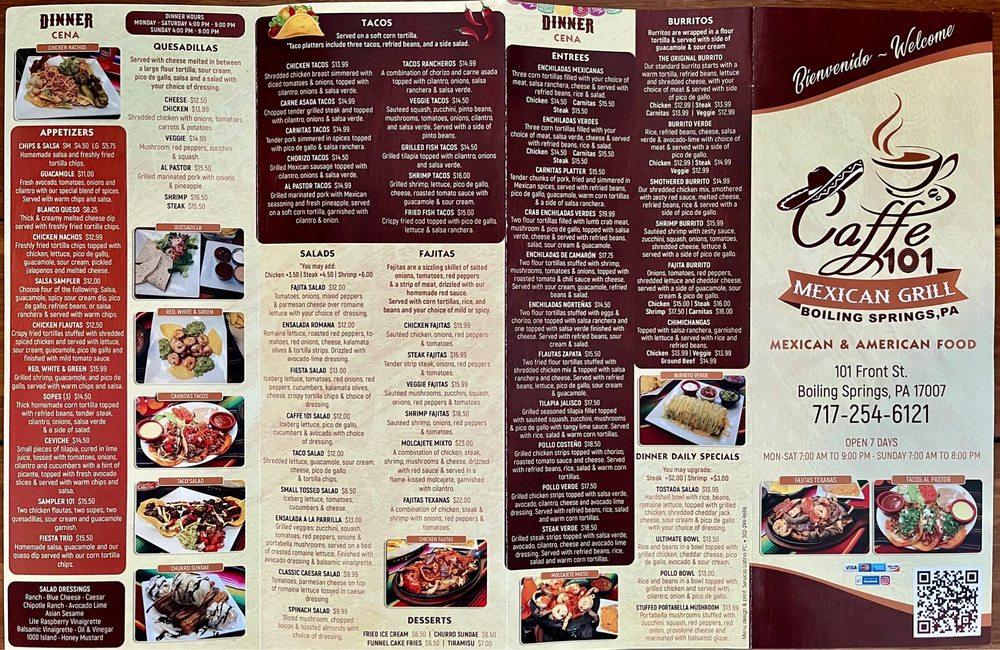 Menu at Caffe 101 cafe, Boiling Springs, 101 Front St