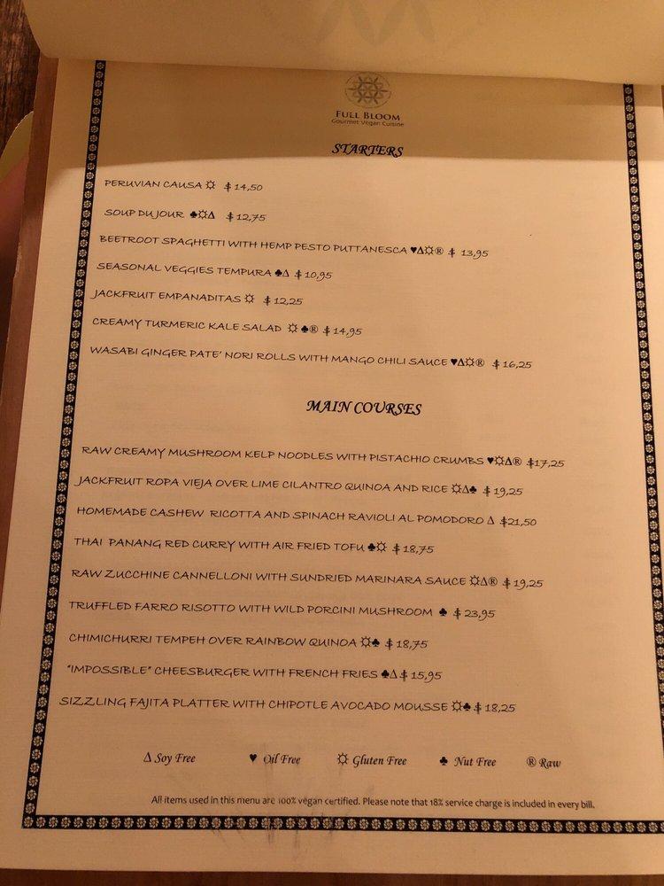 Menu at Full Bloom Vegan pub & bar, Miami Beach, James Ave