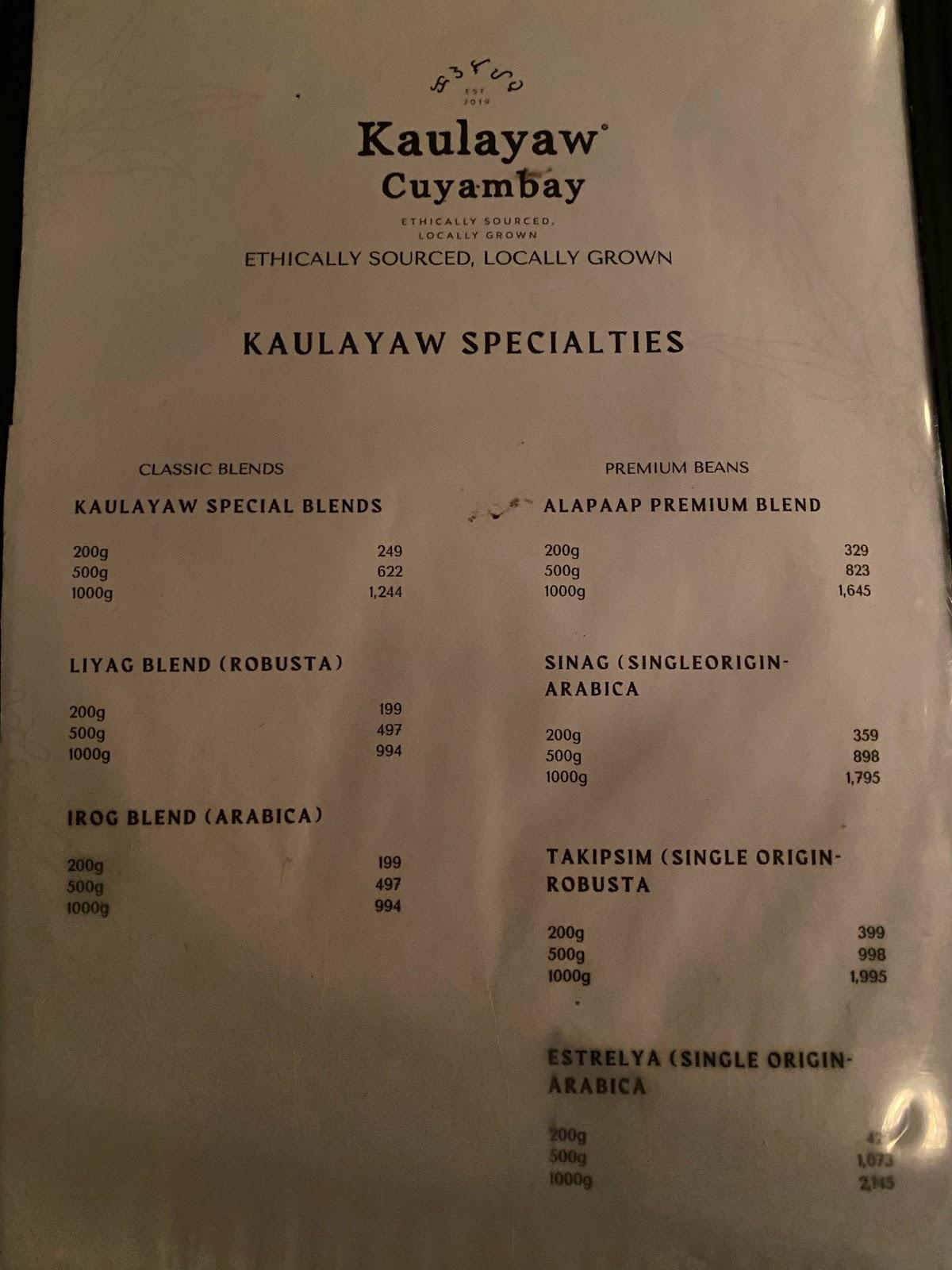 Menu at Kaulayaw at Cuyambay, Tanay