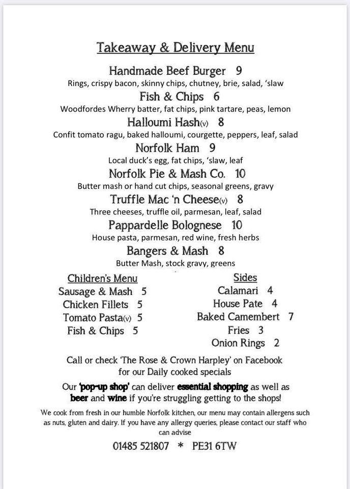 Menu at The Rose & Crown pub & bar, King's Lynn, Nethergate Street