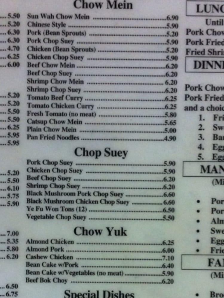 Menu at Sun Wah Kitchen restaurant, Fresno