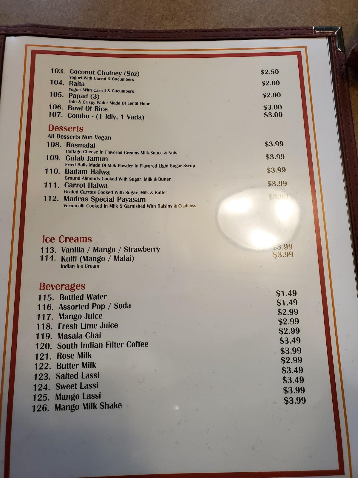 Menu at Udupi Palace Restaurant, Surrey