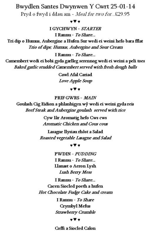Menu at Cwrt restaurant, Bala, 62 High St