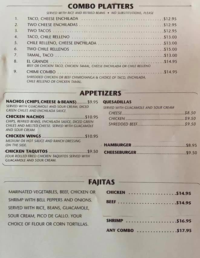 Menu at Los Dos Hermanos restaurant, Sierraville, 101 Battelle St