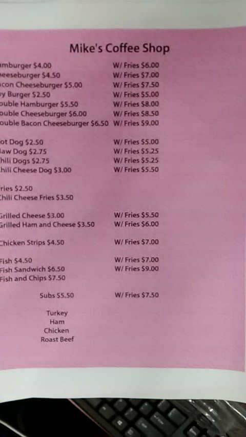 Menu at Mikes Coffee Shop, Ray City