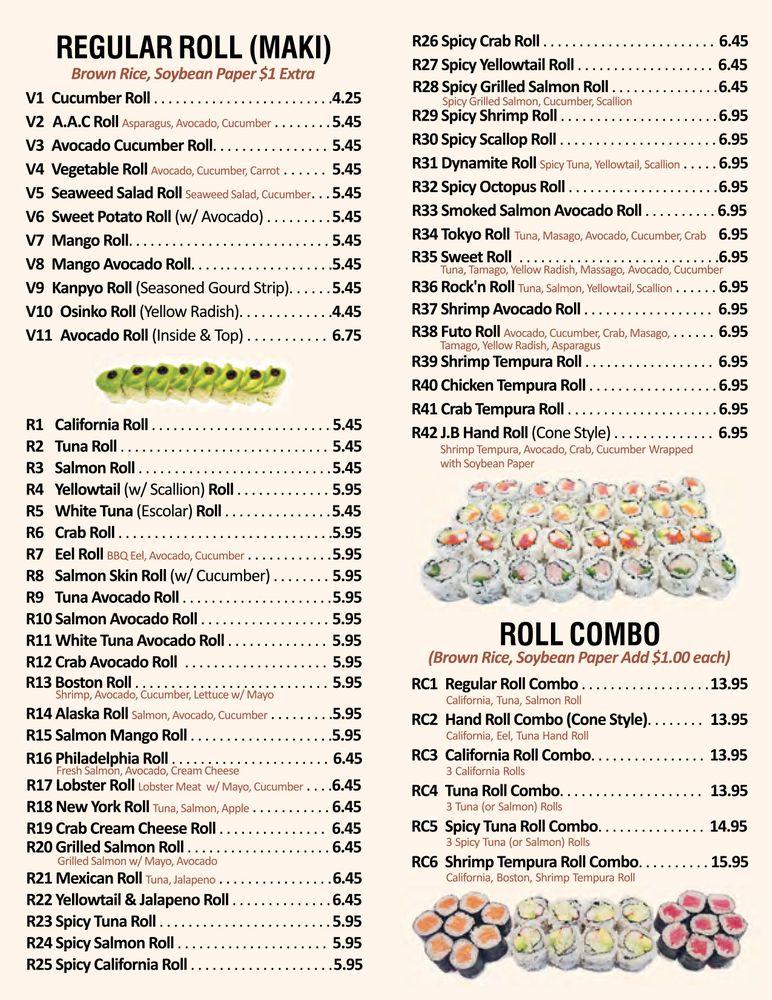 Menu at Osaka Sushi restaurant, Little Falls