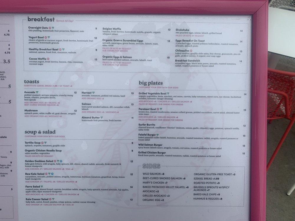 Menu at Parakeet Cafe, Coronado