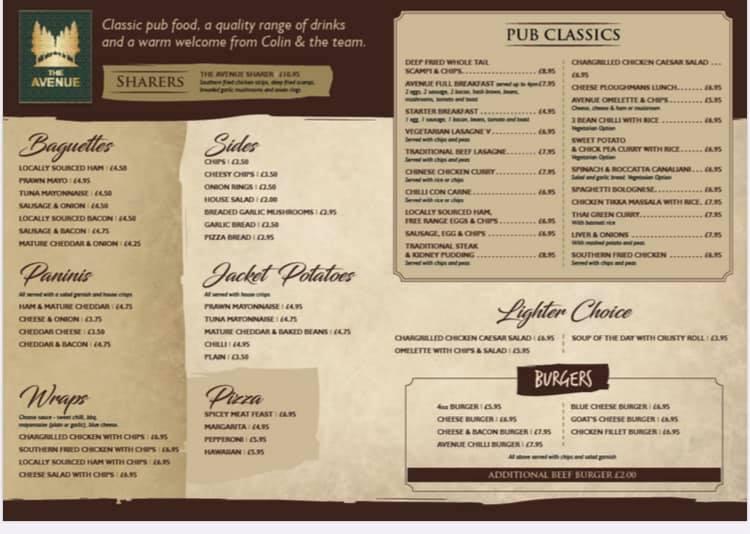 Menu at The Avenue pub & bar, Great Yarmouth