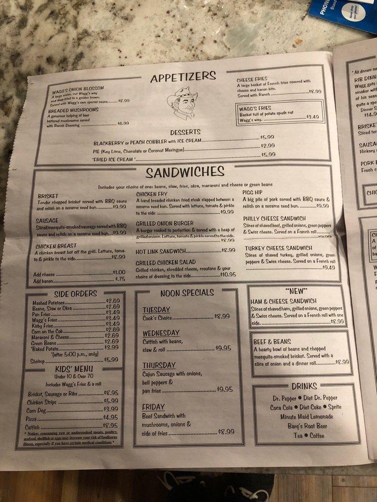 Menu at Wagg's Bar-B-Q, Woodward