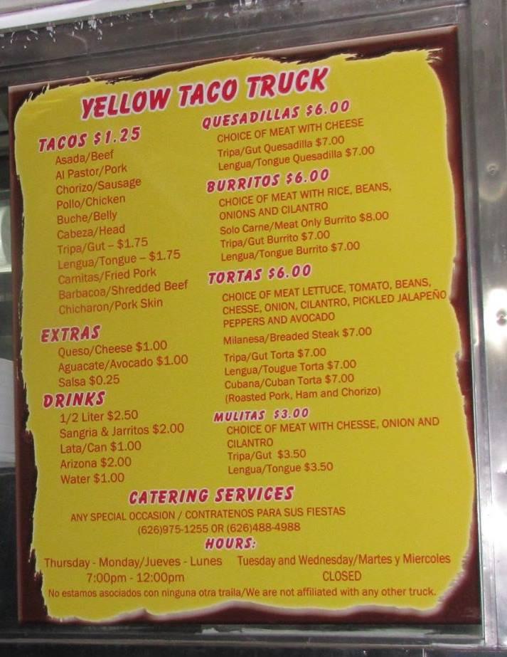 Menu at White Taco Truck restaurant, Rowland Heights, Jellick Ave