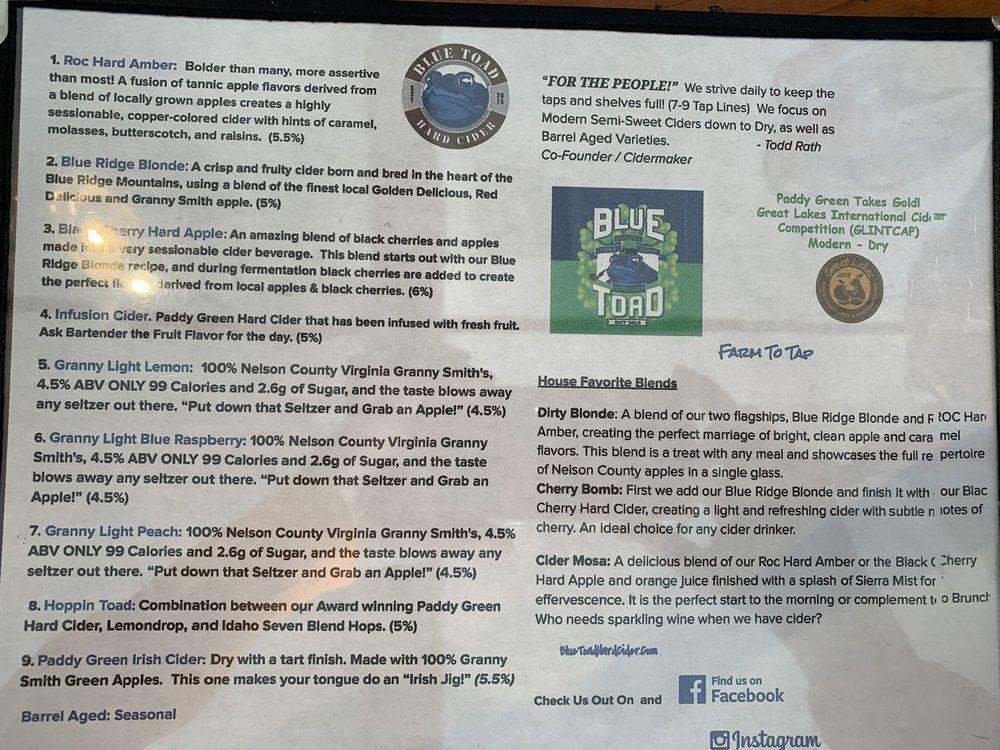 Menu at Blue Toad Hard Cider, USA, 462 Winery Ln
