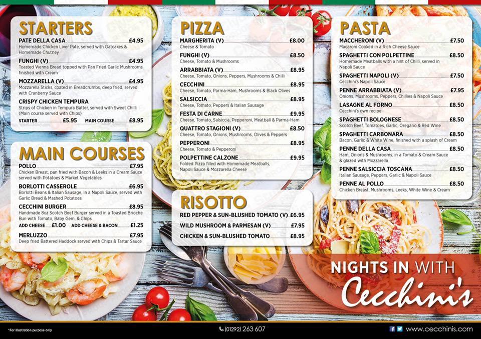 Menu at Cecchini’s Italian restaurant, Ayr