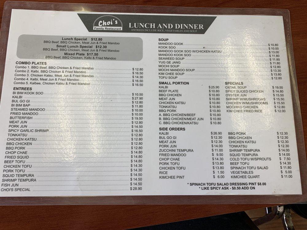 Menu at Choi's Family Restaurant, Honolulu