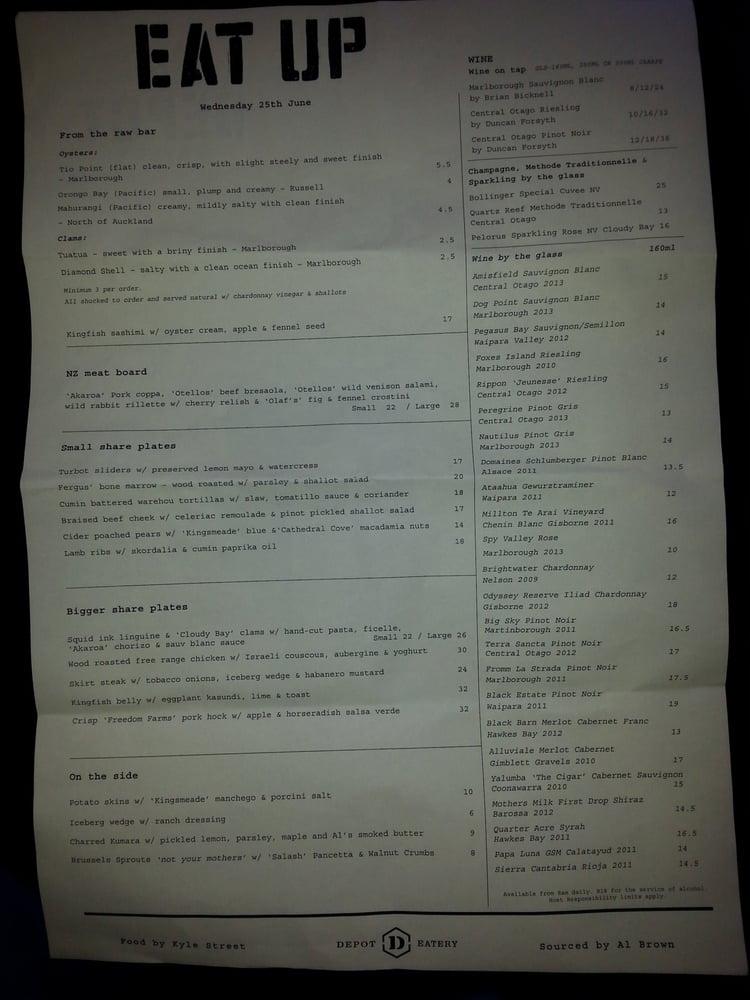 Menu at Depot restaurant, Auckland