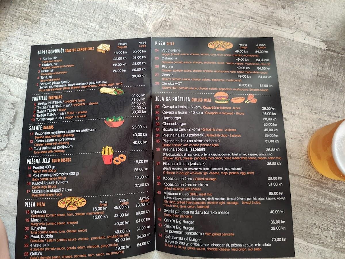 Menu at Grillos restaurant, Kaštel Stari