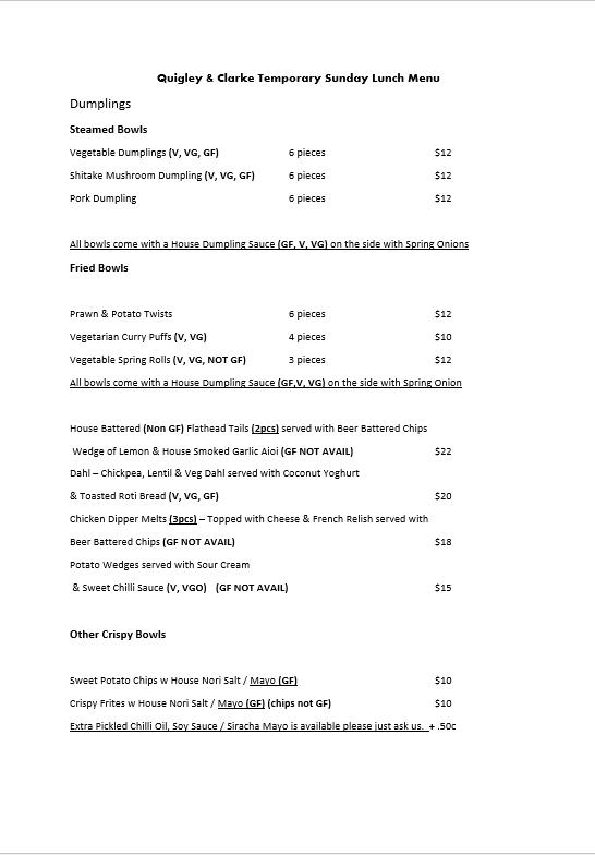 Menu at Criterion Clunes restaurant, Clunes