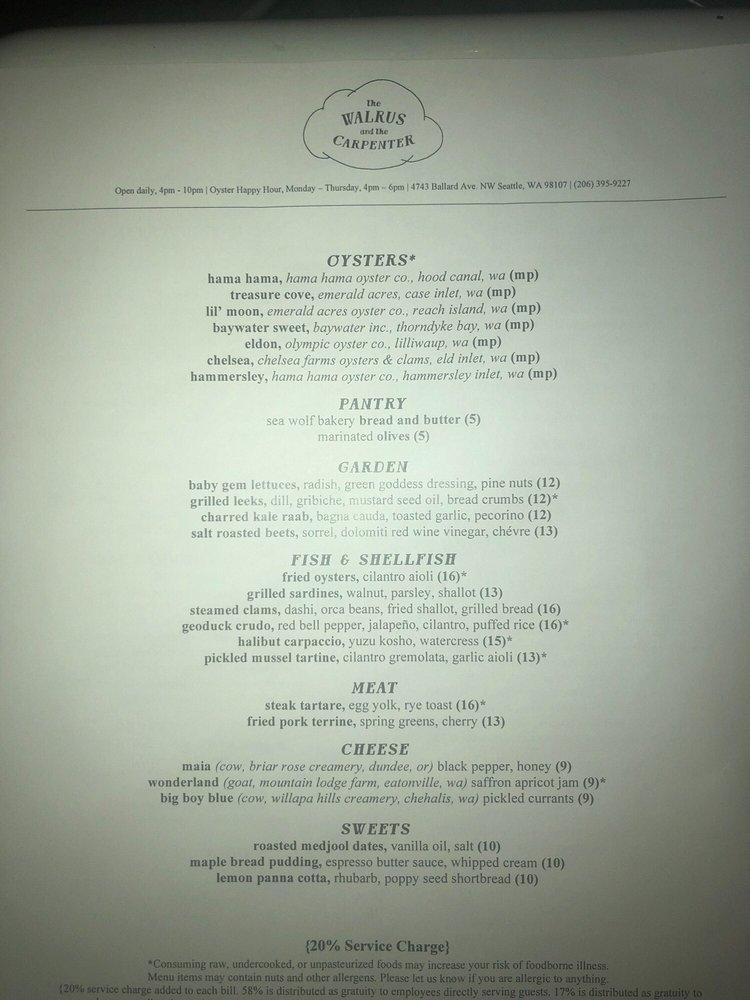 Menu at The Walrus and the Carpenter restaurant, Seattle