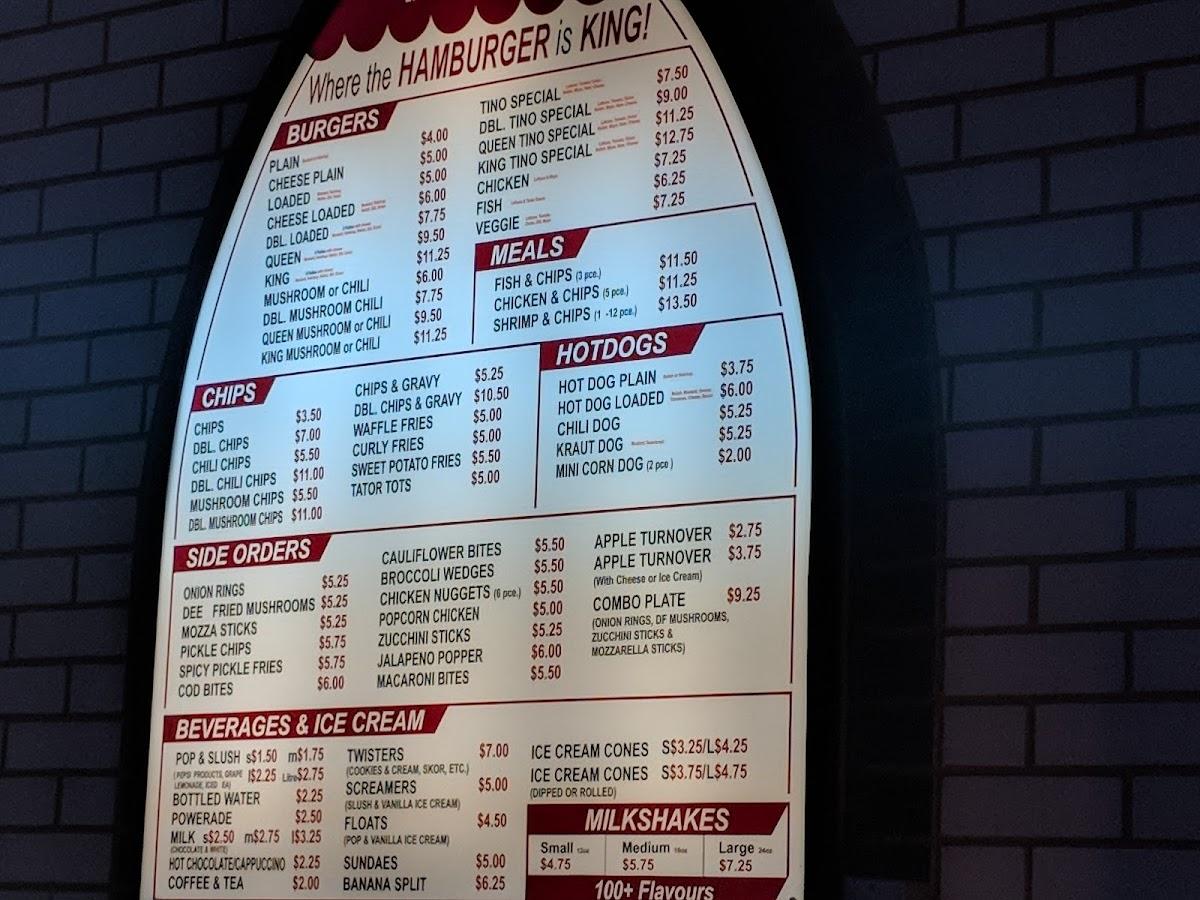 Menu at Tino's fast food, Medicine Hat