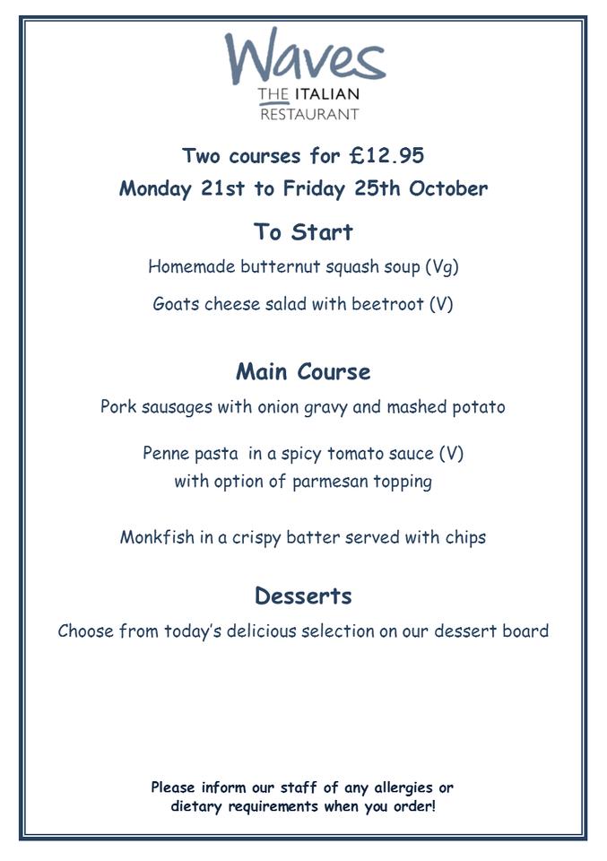 Menu at Waves Cliff-top Bar & Restaurant, Lydstep