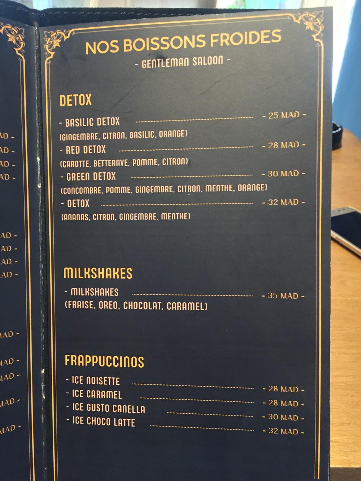 Menu at thé GENTLEMEN saloon - Emile Zola, Casablanca