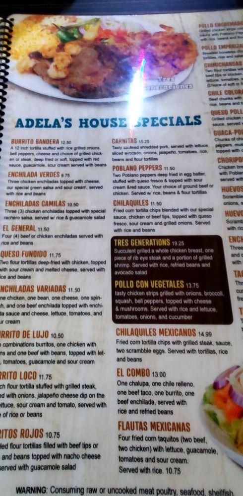 Menu at Adela's Mexican Kitchen steakhouse, Lancaster