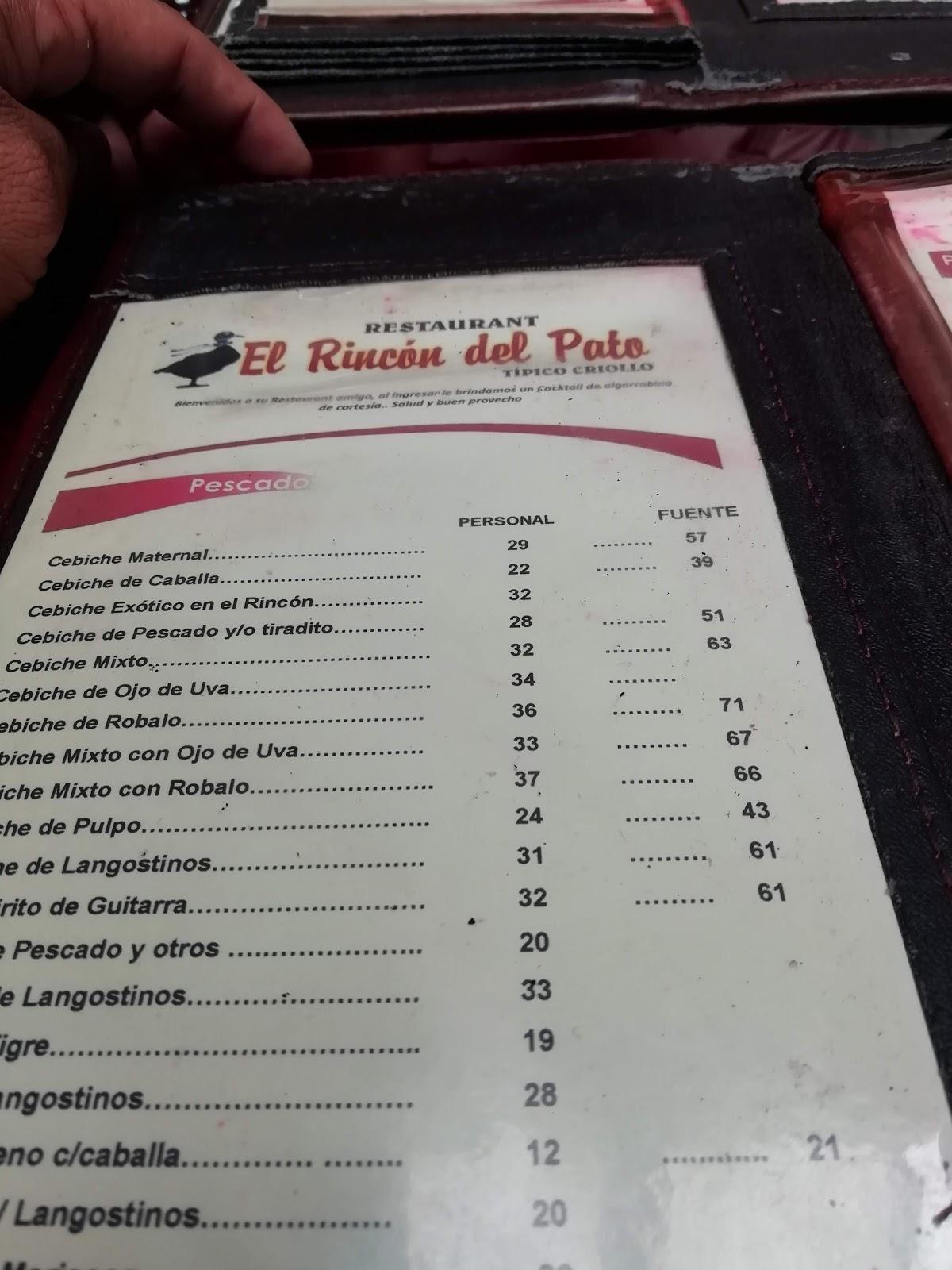 Menu at El Rincon del Pato restaurant, Lambayeque, Augusto Bernardino ...