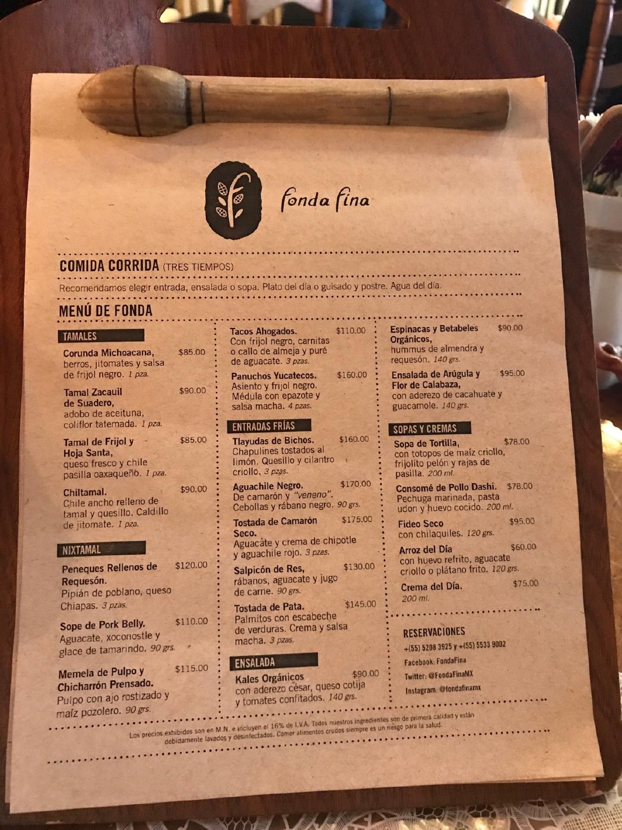 Menu at Fonda Fina restaurant, Ciudad López Mateos