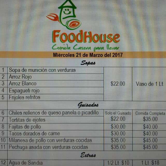 Menu at Food House restaurant, Santiago de Querétaro