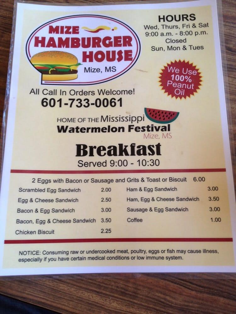 Menu at Mize Hamburger House restaurant, Mize
