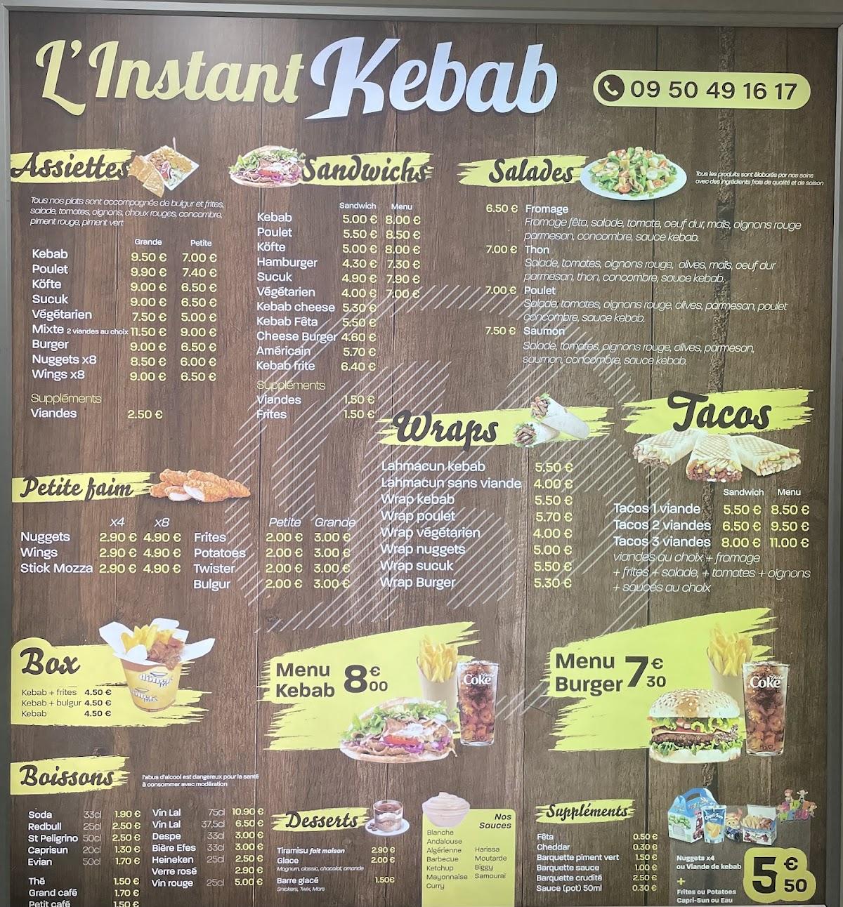 Menu au L'instant Kebab restaurant, Créhange