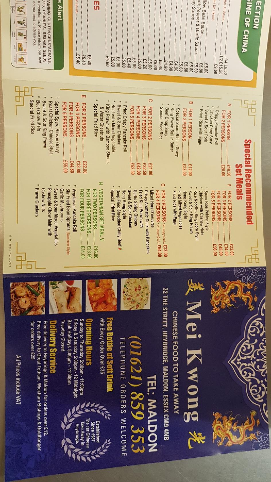 Menu at Mei Kwong restaurant, Maldon