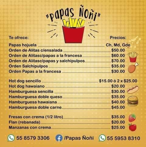Menu at Papas Ñoñi restaurant, Mexico City