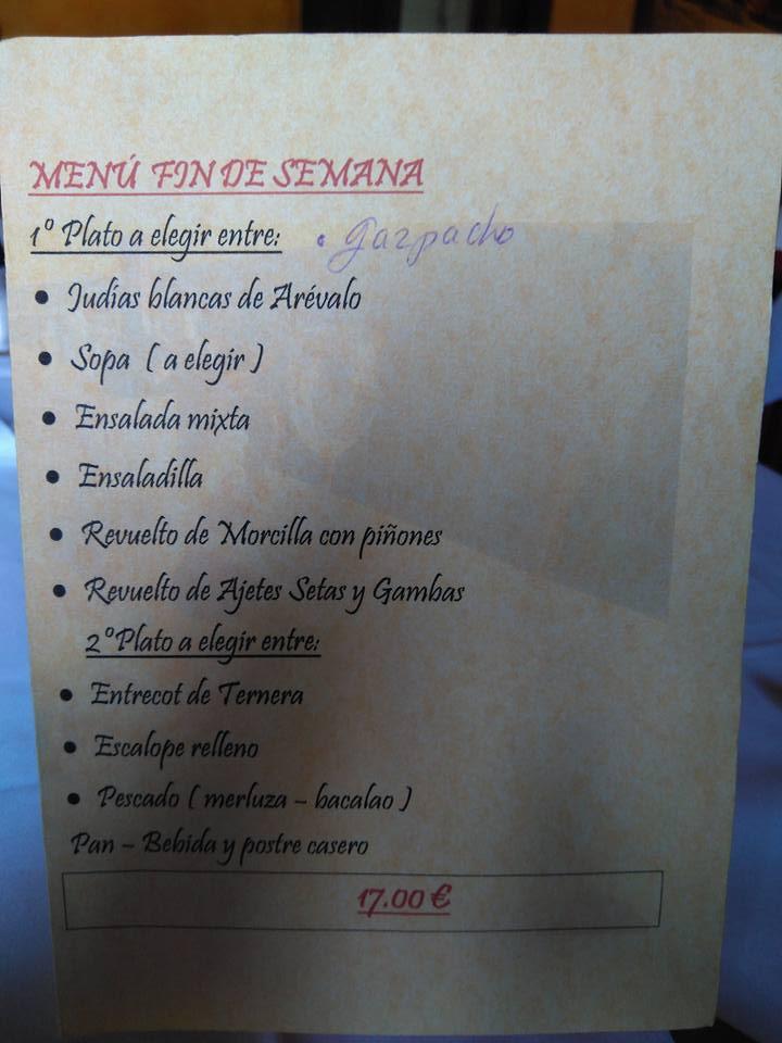 Carta de Restaurante Goya, Arévalo
