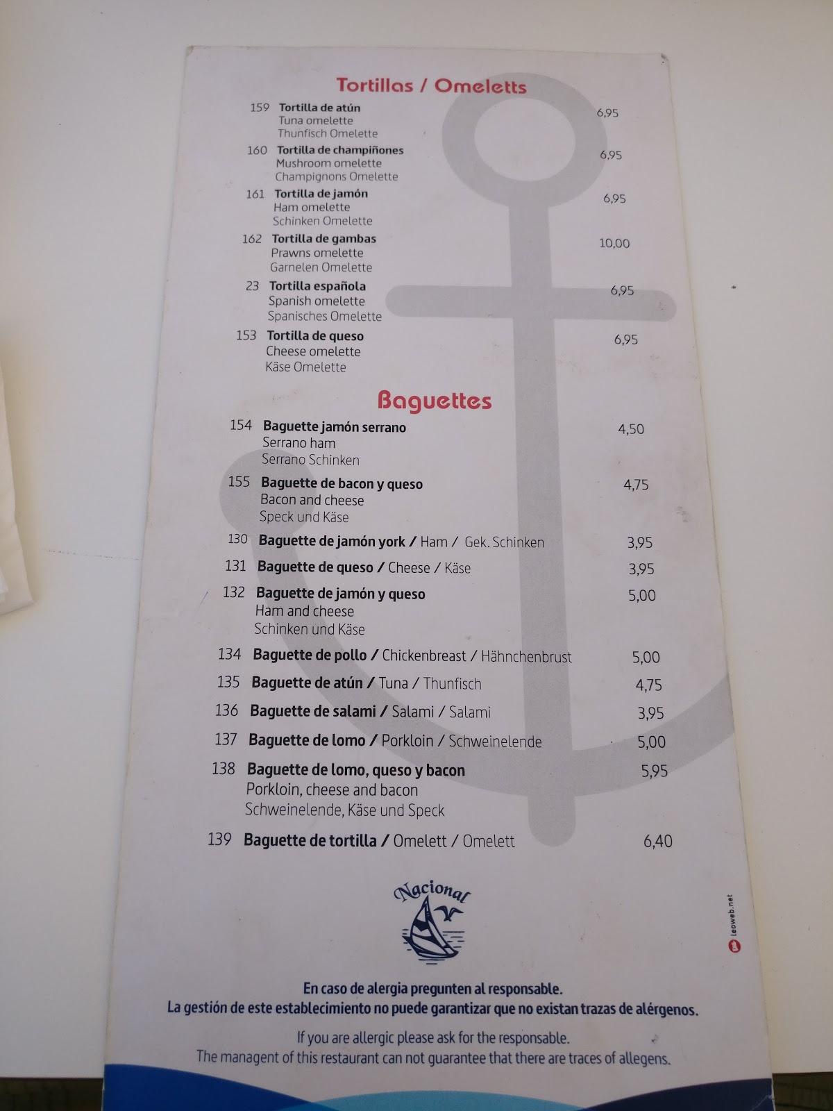 Menu at Restaurante Nacional, Port d'Alcúdia