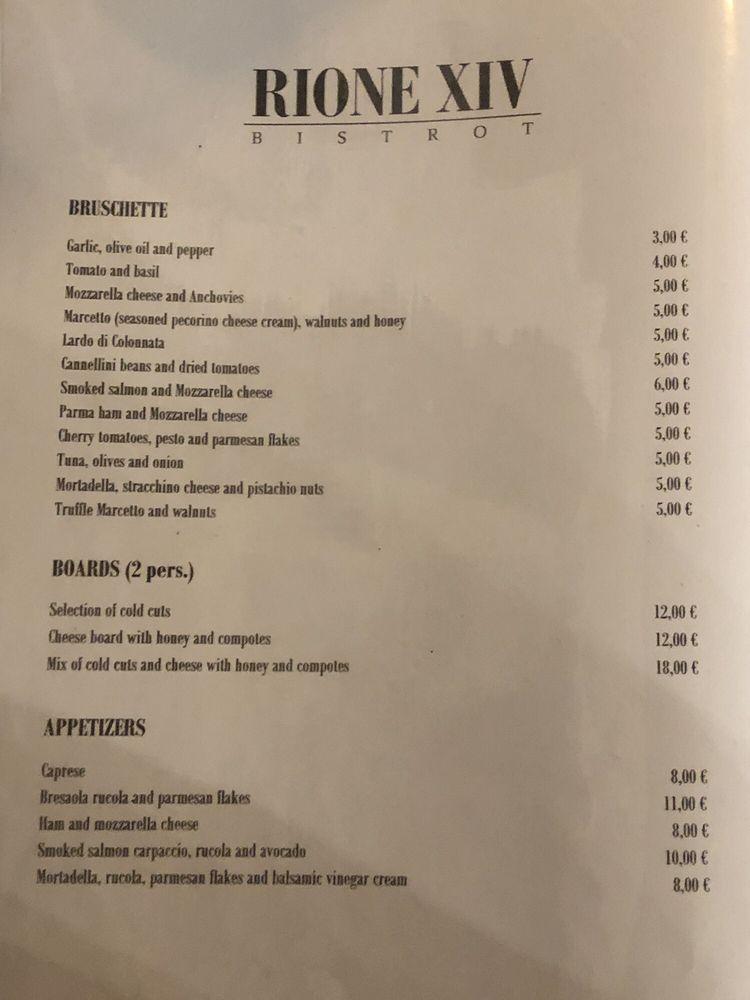 Menu at Rione XIV Bistrot pizzeria, Rome