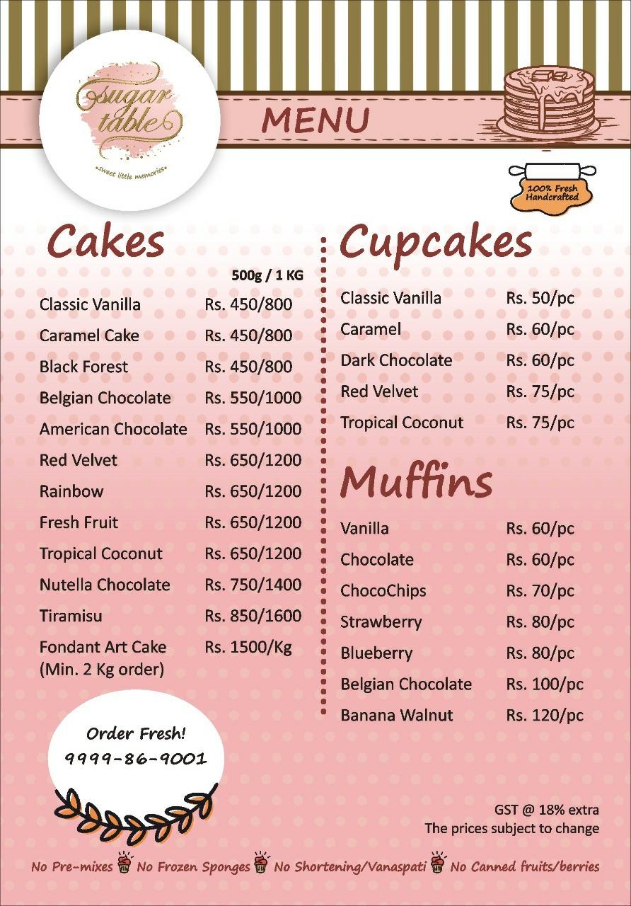 Menu at Sugar Table, Gurugram