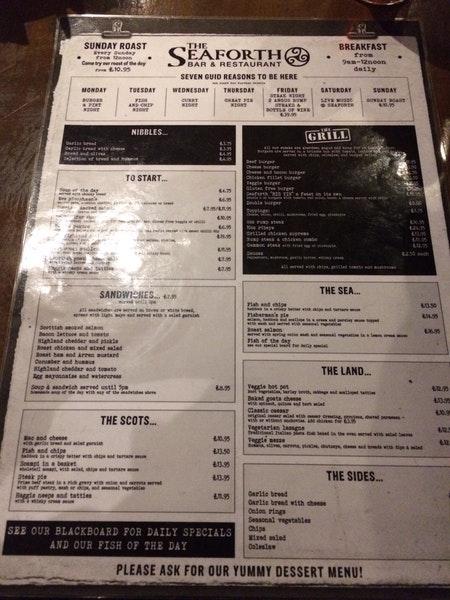 Menu at Seafood Shack restaurant, Ullapool