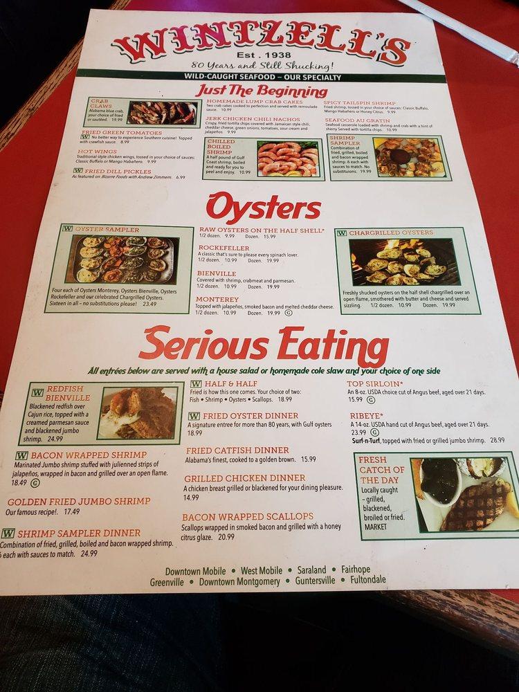 Menu at Wintzell's Oyster House restaurant, Montgomery, 105 Commerce St