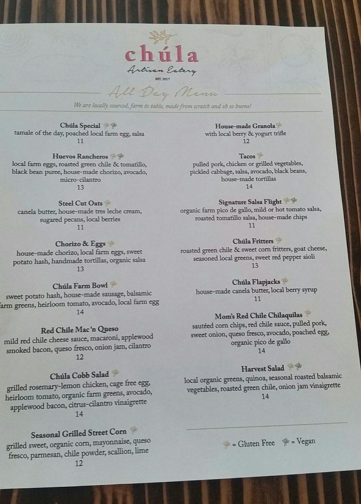 Menu at Chula Artisan Eatery cafe, La Quinta