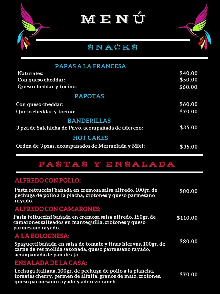 Menu at Colibrí restaurant, Nacajuca